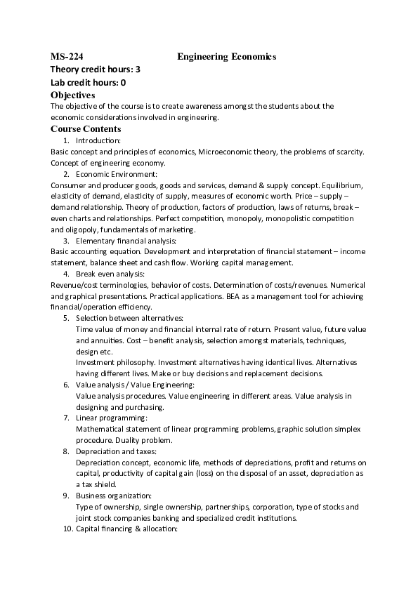(DOC) Engineering Economics course outline by HU under HEC