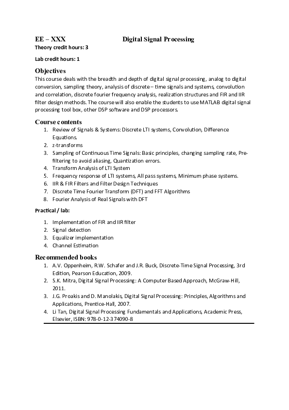 (DOC) Digital Signal Processing course outline by HU under HEC
