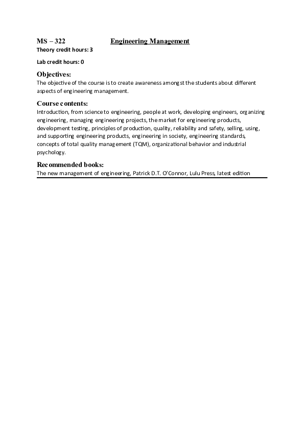 (DOC) Engineering Management course outline by HU under HEC | Mohammad ...