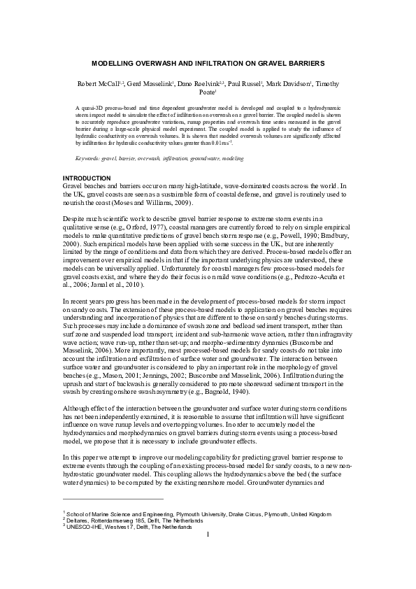 (PDF) Modeling overwash and infiltration on gravel barriers