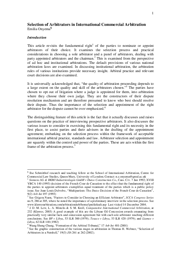 (PDF) Selection of Arbitrators in International Commercial Arbitration