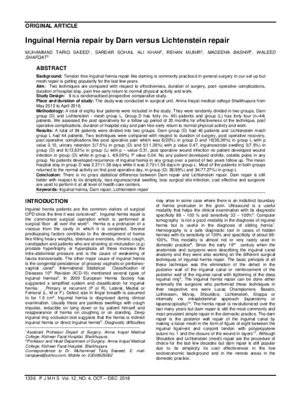 (PDF) Inguinal Hernia repair by Darn versus Lichtenstein repair