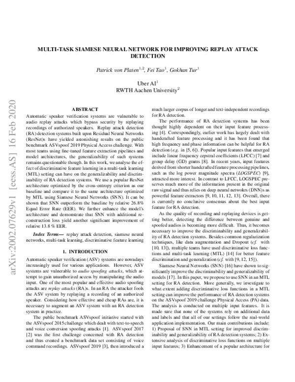 (PDF) Multi-Task Siamese Neural Network for Improving Replay Attack Detection