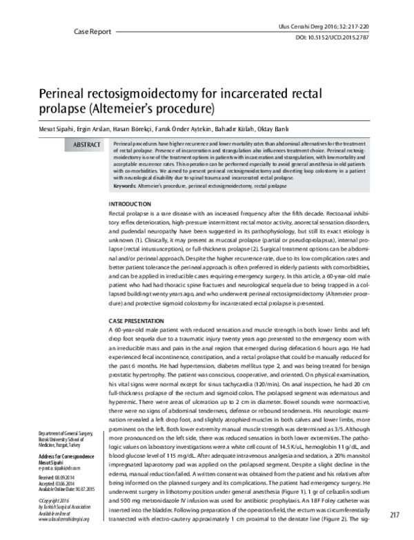 (PDF) Perineal rectosigmoidectomy for incarcerated rectal prolapse ...