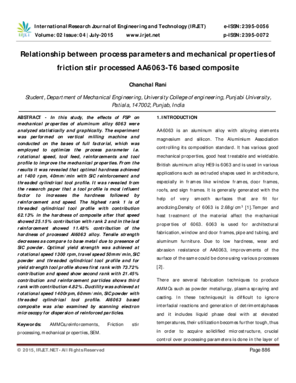 (PDF) Relationship between process parameters and mechanical properties of friction stir ...