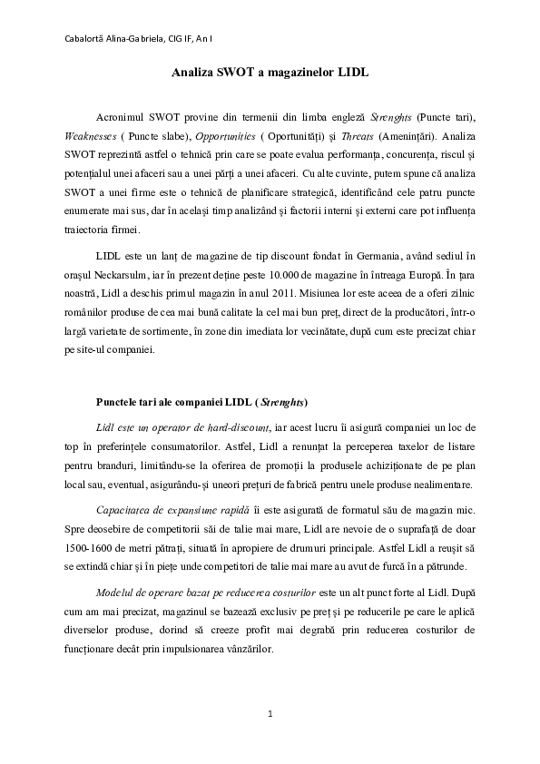 (DOC) Analiza SWOT a magazinelor LIDL