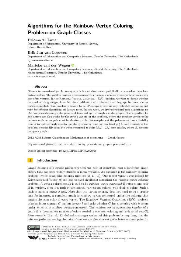 Pdf Algorithms For The Rainbow Vertex Coloring Problem On Graph Classes