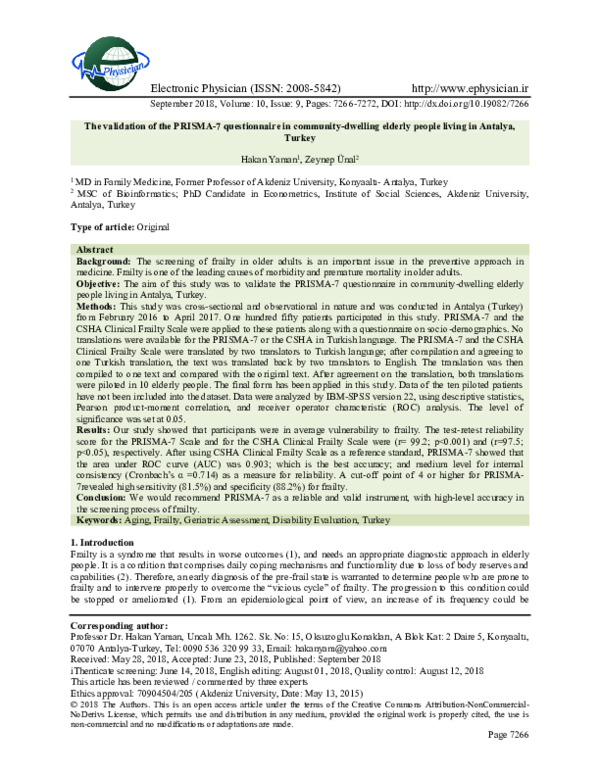 (PDF) The validation of the PRISMA-7 questionnaire in community ...