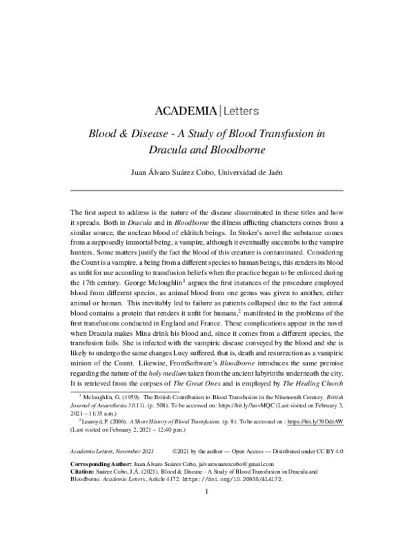 (PDF) Blood & Disease - A Study of Blood Transfusion in Dracula and ...