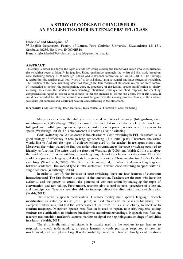 (PDF) A Study of Code-switching Used by an English Teacher in Teenagers ...