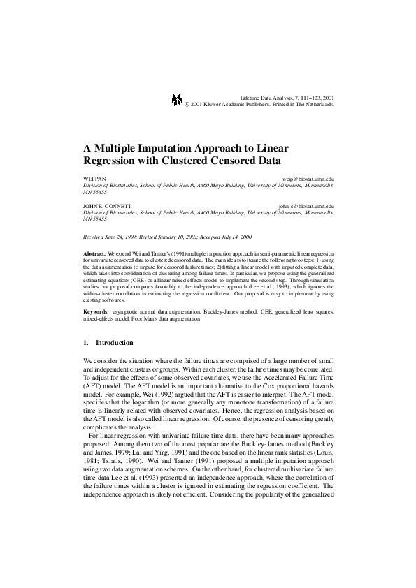 Pdf A Multiple Imputation Approach To Linear Regression With Clustered Censored Data
