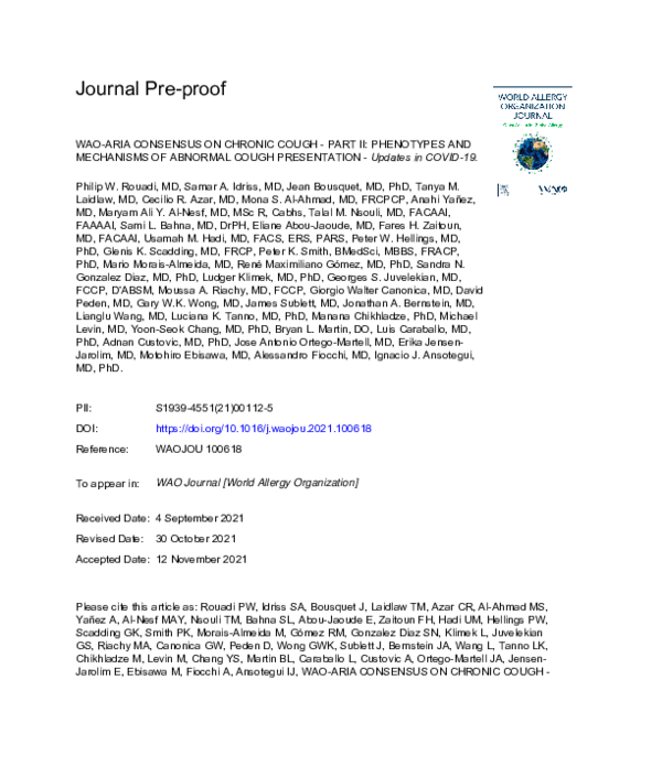 (PDF) Journal Pre-proof WAO-ARIA CONSENSUS ON CHRONIC COUGH -PART II ...