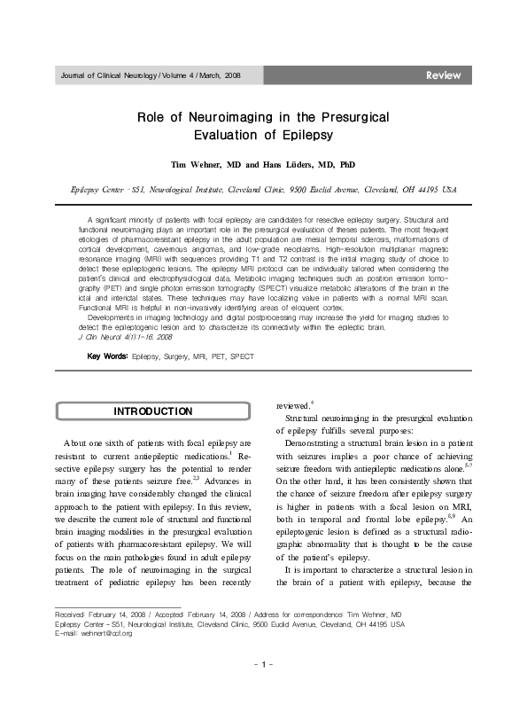 (PDF) Luders H. Role of neuroimaging in the presurgical evaluation of ...
