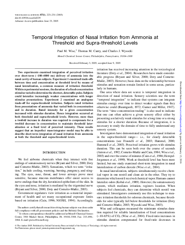 (PDF) Temporal Integration of Nasal Irritation from Ammonia at Threshold and Supra-threshold Levels