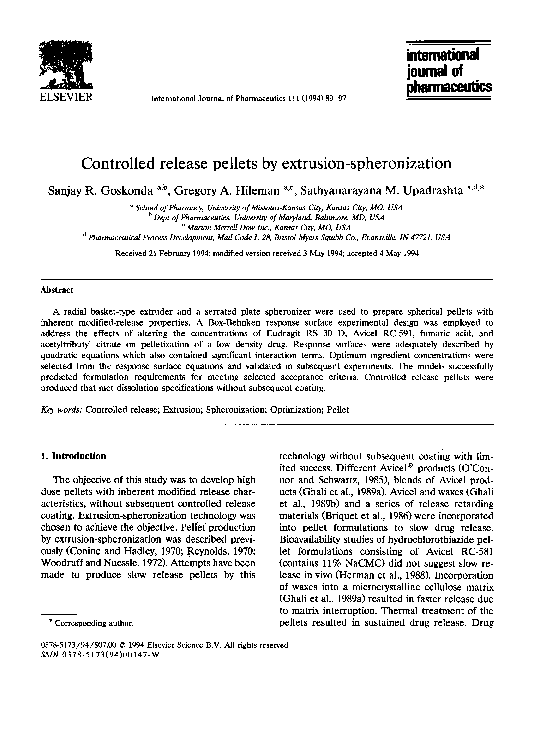 (PDF) Controlled release pellets by extrusion-spheronization