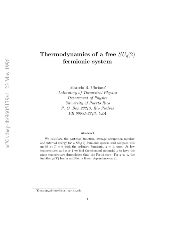 (PDF) Thermodynamics of a free SU_q(2) fermionic system