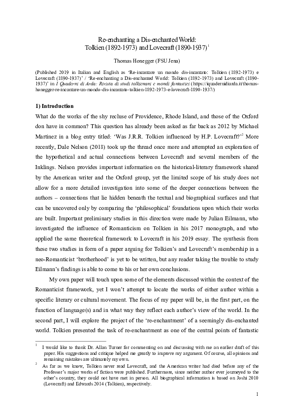 (PDF) Re-enchanting a Dis-enchanted World: Tolkien (1892-1973) and ...