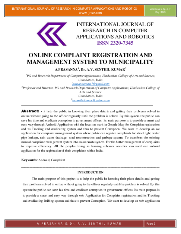(PDF) ONLINE COMPLAINT REGISTRATION AND MANAGEMENT SYSTEM TO MUNICIPALITY