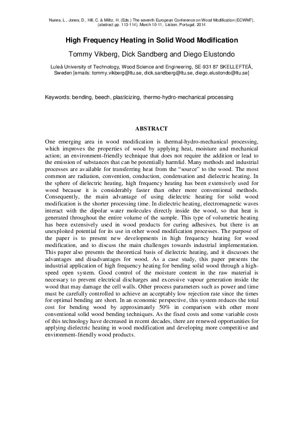 (PDF) High frequency heating in solid wood modification
