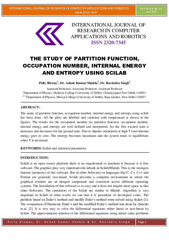 (PDF) THE STUDY OF PARTITION FUNCTION, OCCUPATION NUMBER, INTERNAL ...