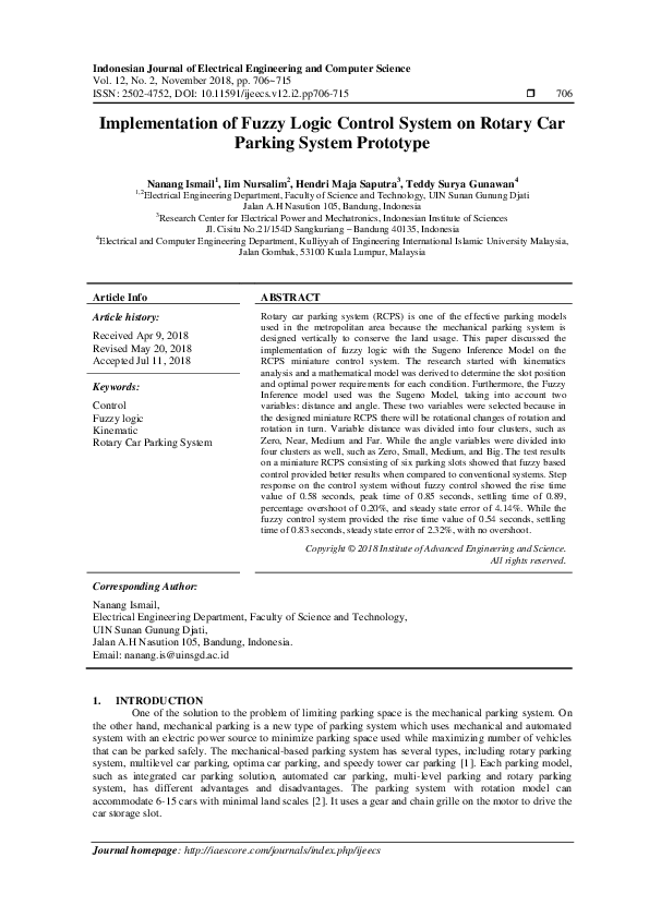 (PDF) Implementation of Fuzzy Logic Control System on Rotary Car Parking System Prototype
