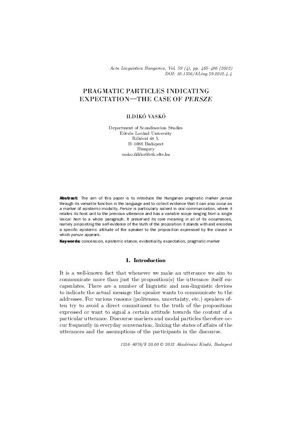 (PDF) Pragmatic particles indicating expectation—The case of Persze