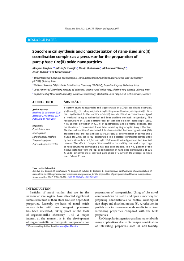 (PDF) Sonochemical synthesis and characterization of nano-sized zinc(II) coordination complex as ...