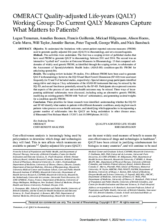 (PDF) OMERACT Quality-adjusted Life-years (QALY) Working Group: Do ...