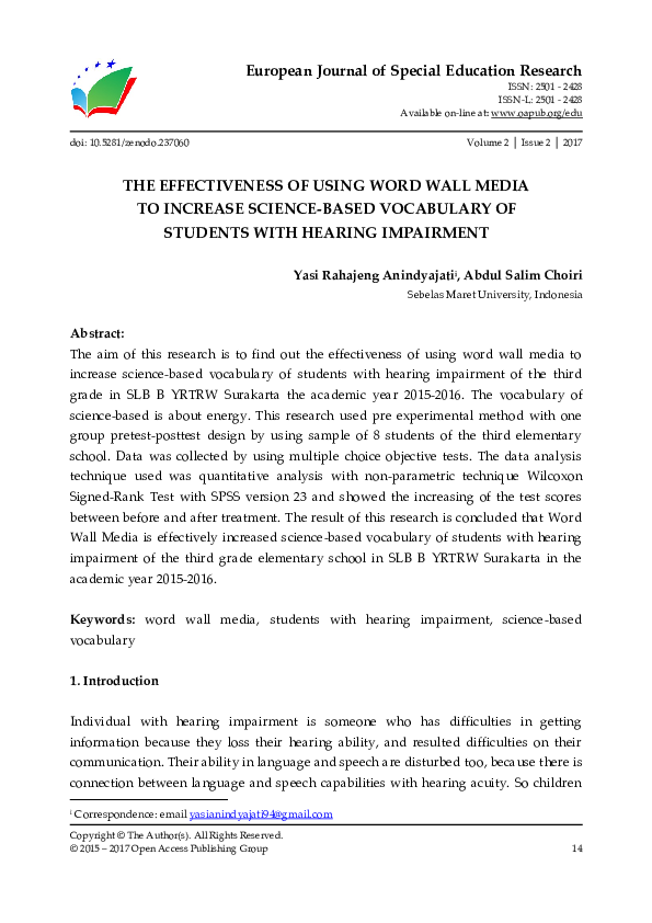 (PDF) The Effectiveness of Using Word Wall Media to Increase Science-Based Vocabulary of ...