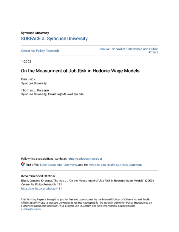 (PDF) On the Measurment of Job Risk in Hedonic Wage Models