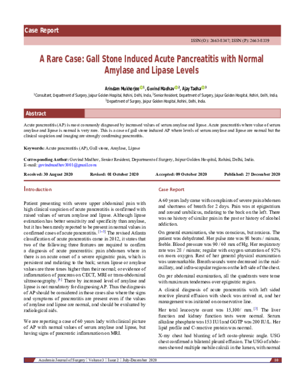 (PDF) A Rare Case: Gall Stone Induced Acute Pancreatitis with Normal ...