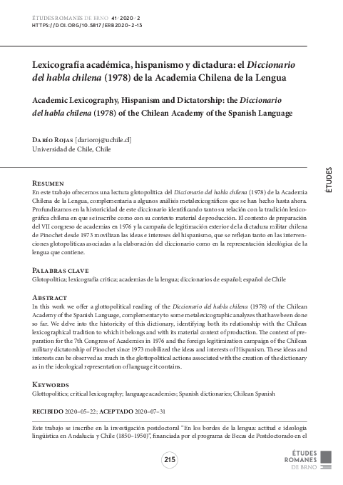 (PDF) Lexicografía académica, hispanismo y dictadura: el Diccionario del habla chilena (1978) de ...