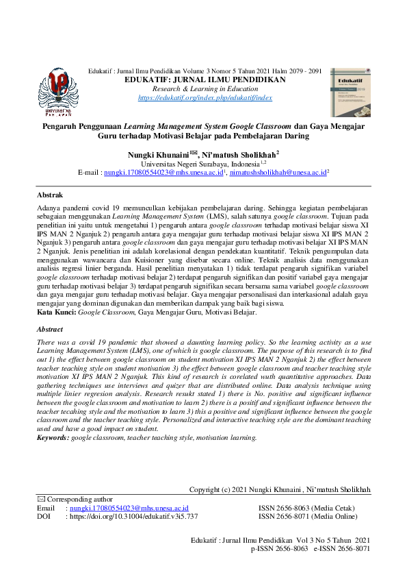 (PDF) Pengaruh Penggunaan Learning Management System Google Classroom Dan Gaya Mengajar Guru ...