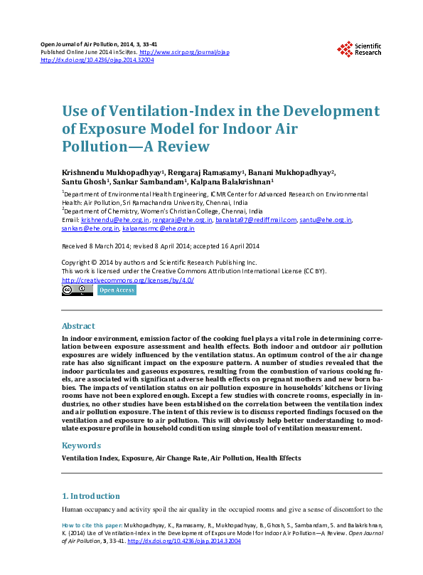 (PDF) Use of Ventilation-Index in the Development of Exposure Model for ...