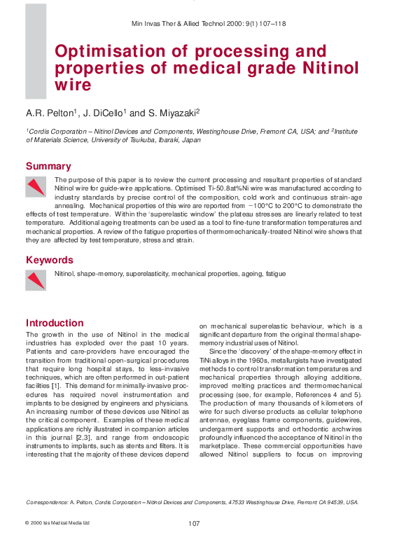 (PDF) Optimisation of processing and properties of medical grade Nitinol wire