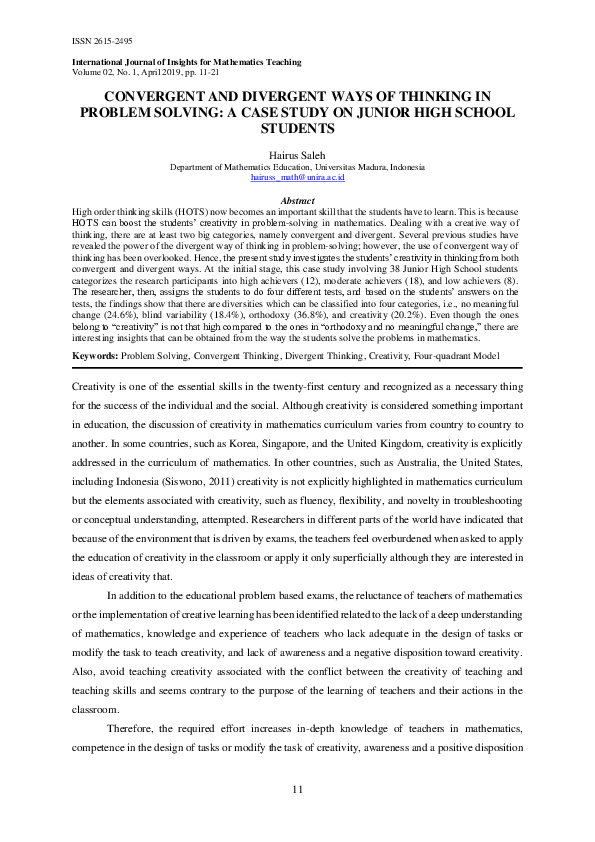 (PDF) Convergent and Divergent Thinking in Problem Solving (Case Study ...