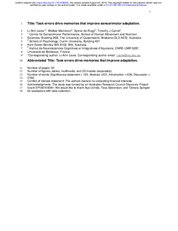 (PDF) Task errors drive memories that improve sensorimotor adaptation