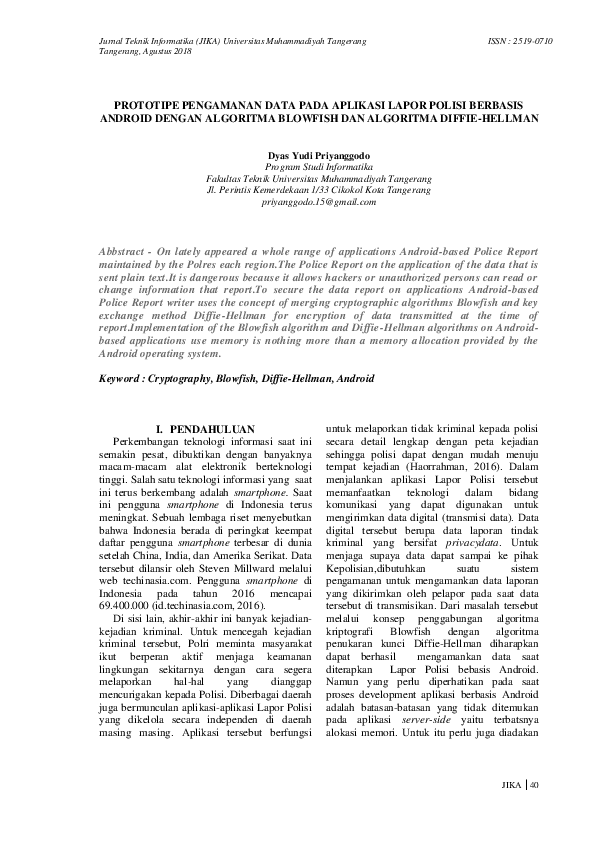 (PDF) Prototipe Pengamanan Data Pada Aplikasi Lapor Polisi Berbasis Android Dengan Algoritma ...