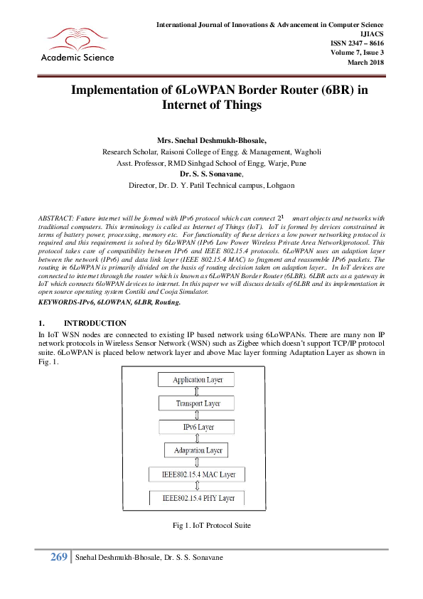 (PDF) Implementation of 6LoWPAN Border Router (6BR) in Internet of Things