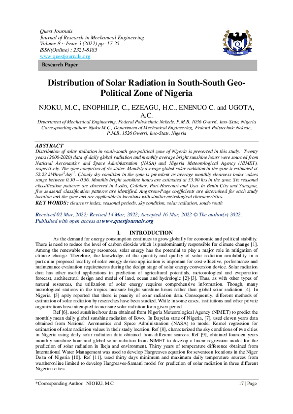 (PDF) Distribution of Solar Radiation in South-South Geo-Political Zone ...