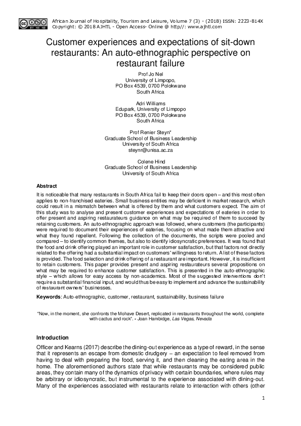 (PDF) Customer experiences and expectations of sit-down restaurants: An ...