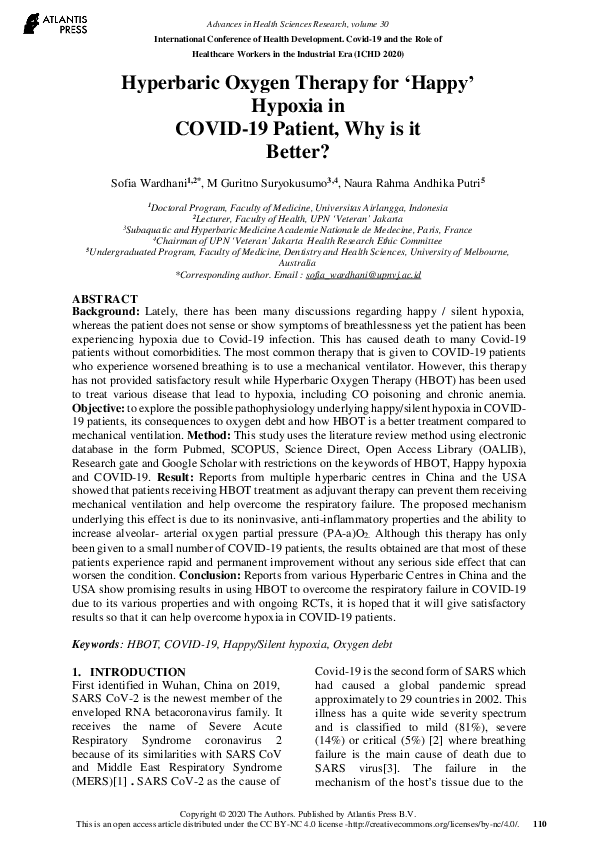 (PDF) Hyperbaric Oxygen Therapy for ‘Happy’ Hypoxia in COVID-19 Patient ...