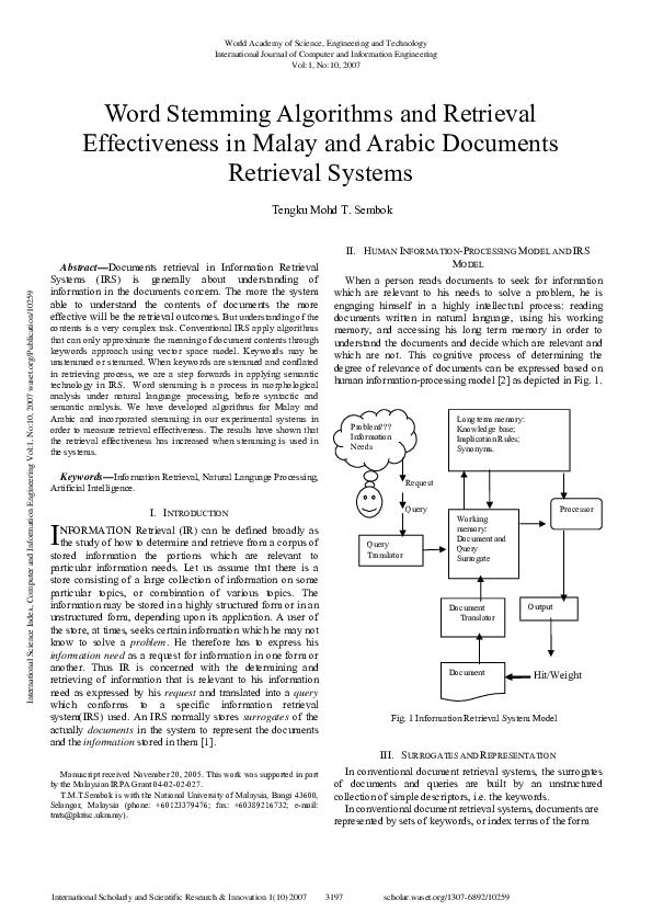 (PDF) Word Stemming Algorithms and Retrieval Effectiveness in Malay and Arabic Documents ...