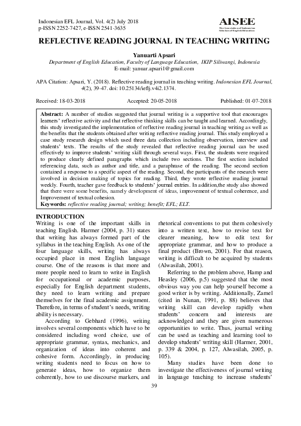 (PDF) Reflective Reading Journal in Teaching Writing