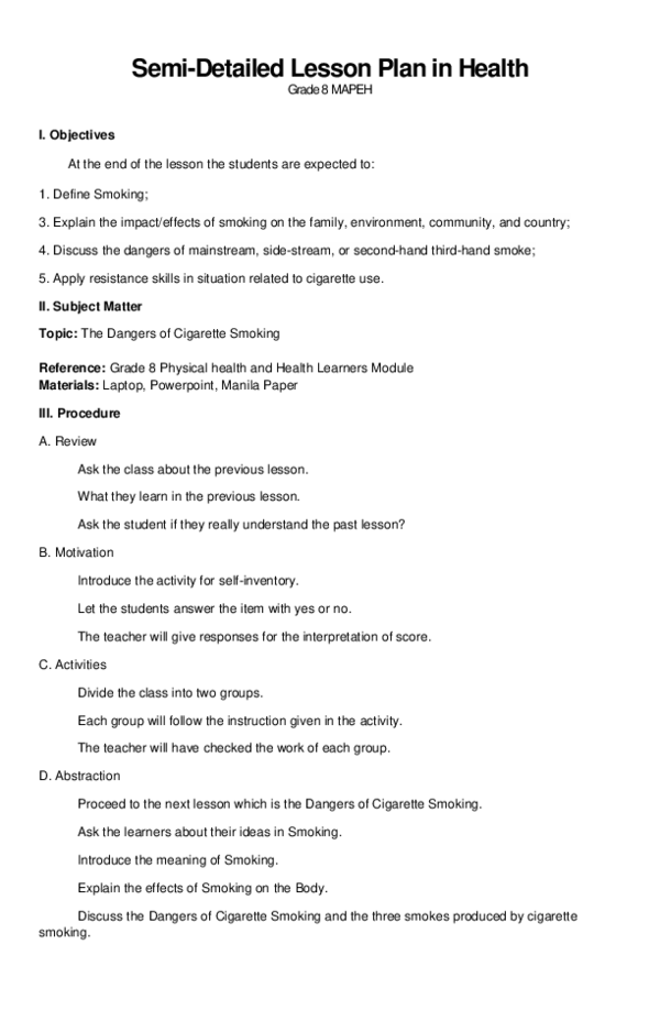 (PDF) Semi-Detailed Lesson Plan in Health Grade 8 MAPEH