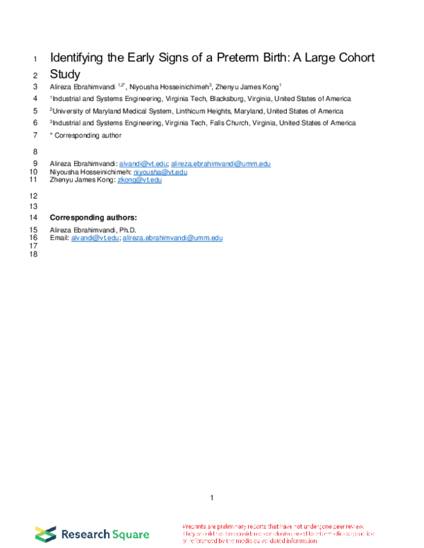 (PDF) Identifying the Early Signs of a Preterm Birth: A Large Cohort Study