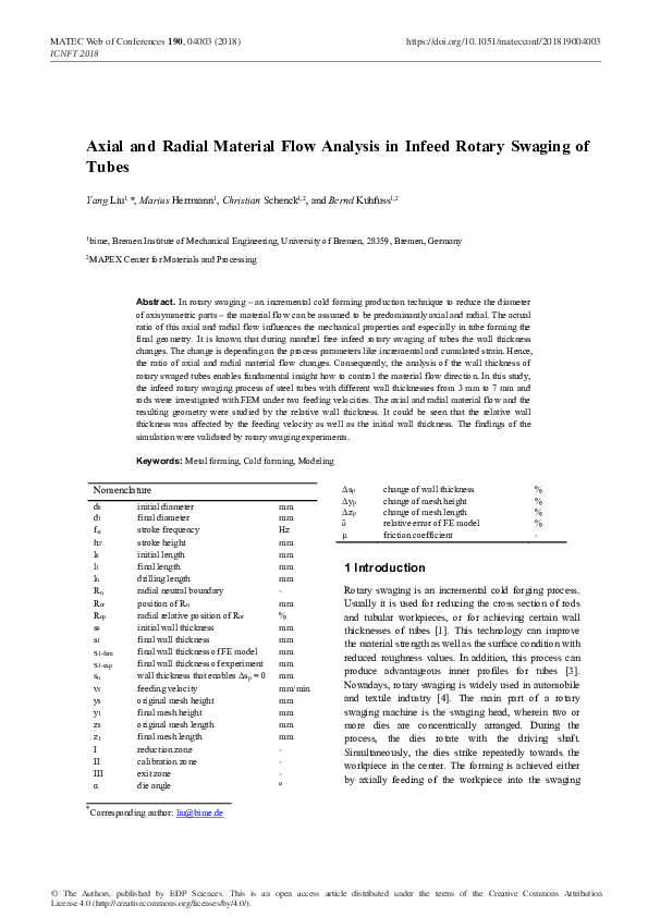 (PDF) Axial and Radial Material Flow Analysis in Infeed Rotary Swaging ...