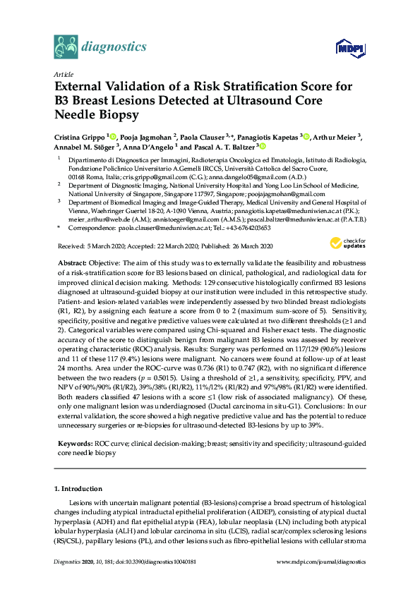 (PDF) External Validation of a Risk Stratification Score for B3 Breast Lesions Detected at ...