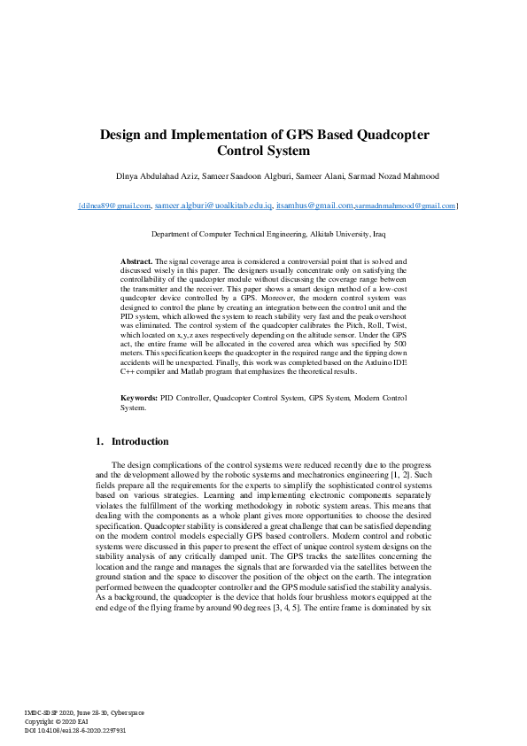 (PDF) Design and Implementation of GPS Based Quadcopter Control System