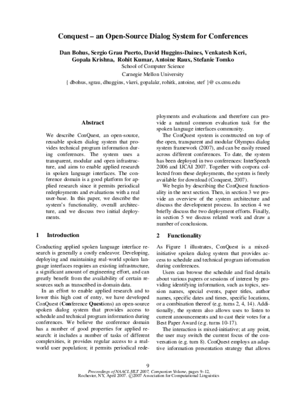 Pdf Conquest An Open Source Dialog System For Conferences Rohit